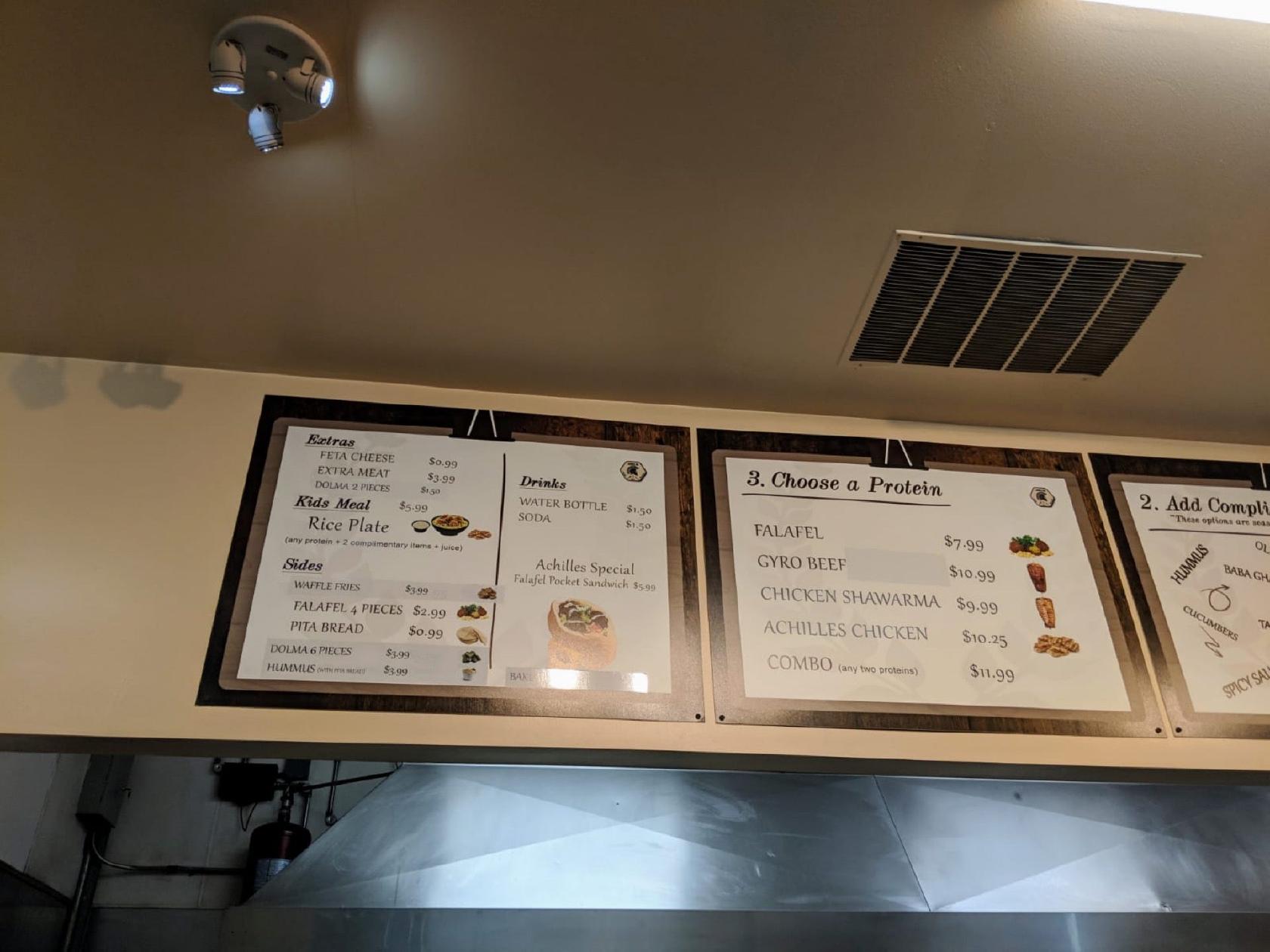 Menu at Achilles restaurant, Santa Clara