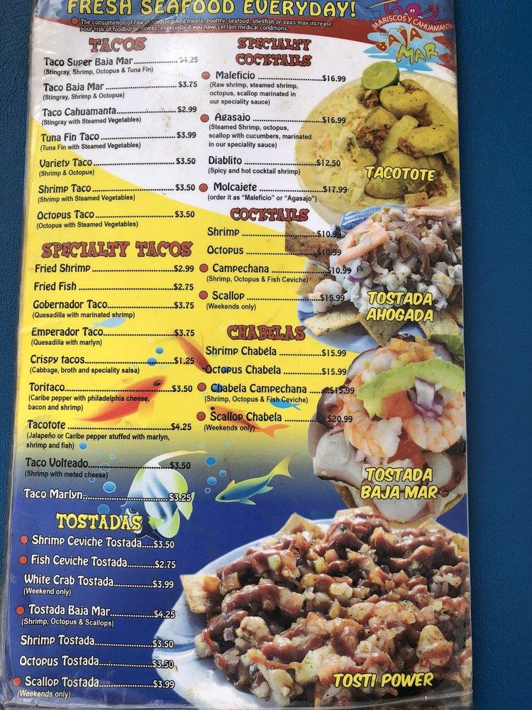 Menu at Mariscos Baja Mar restaurant, Tucson