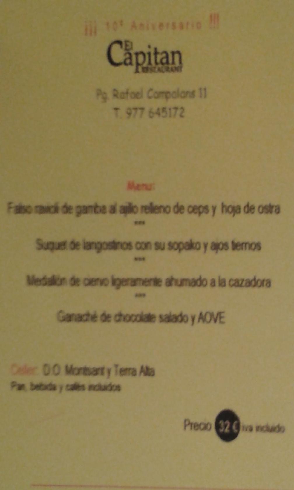 Carta de El Capitan Restaurant, Torredembarra