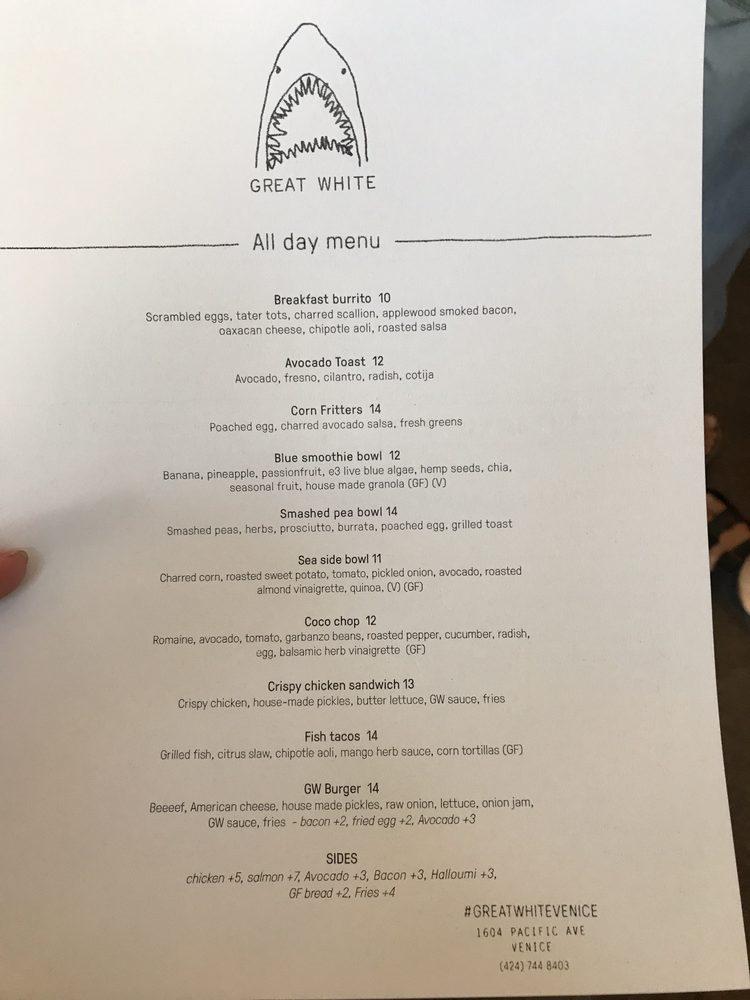 Menu at Great White cafe, Culver City, Pacific Ave