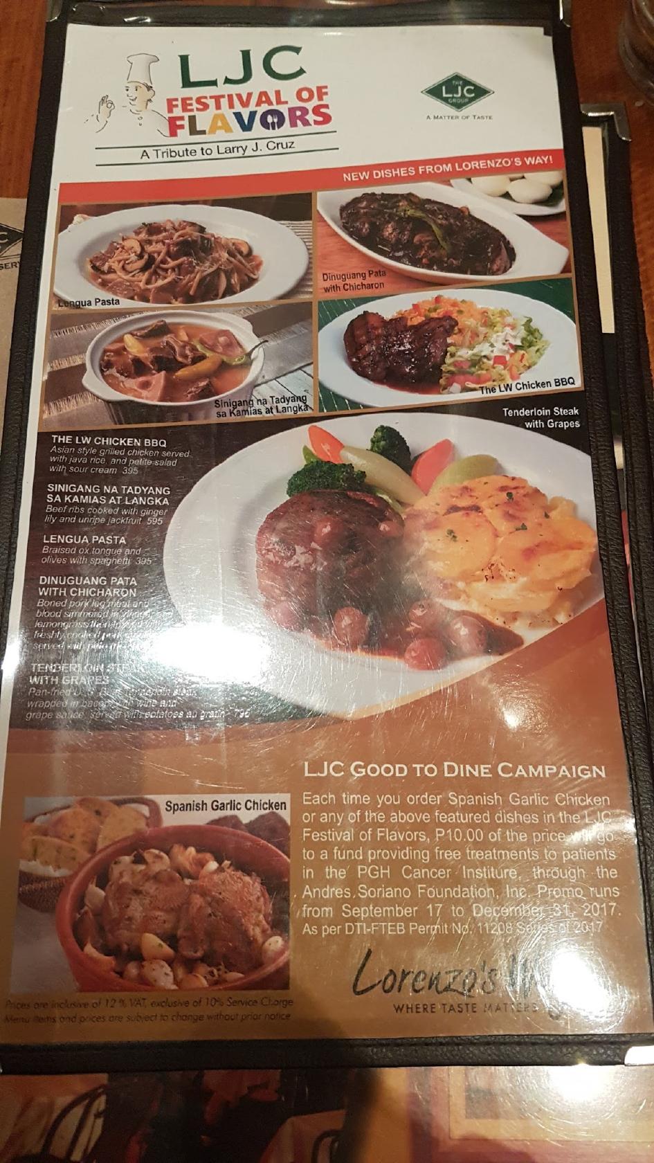 Menu at Lorenzo's Way restaurant, Makati, Greenbelt