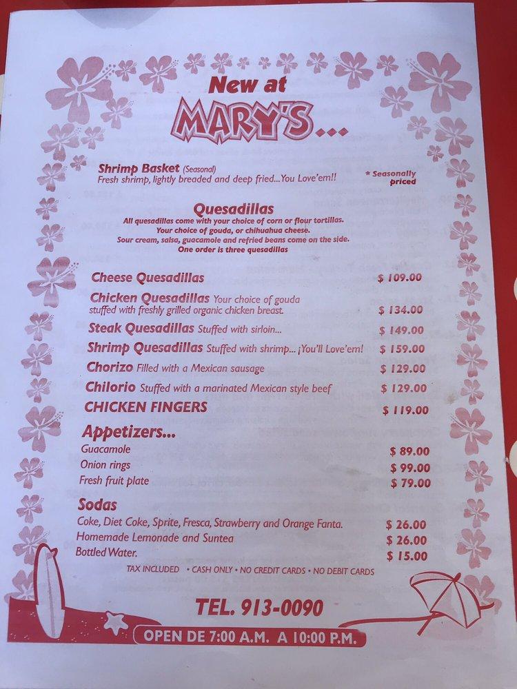 Menu at Mary's Burger Shoppe restaurant, Mazatlán