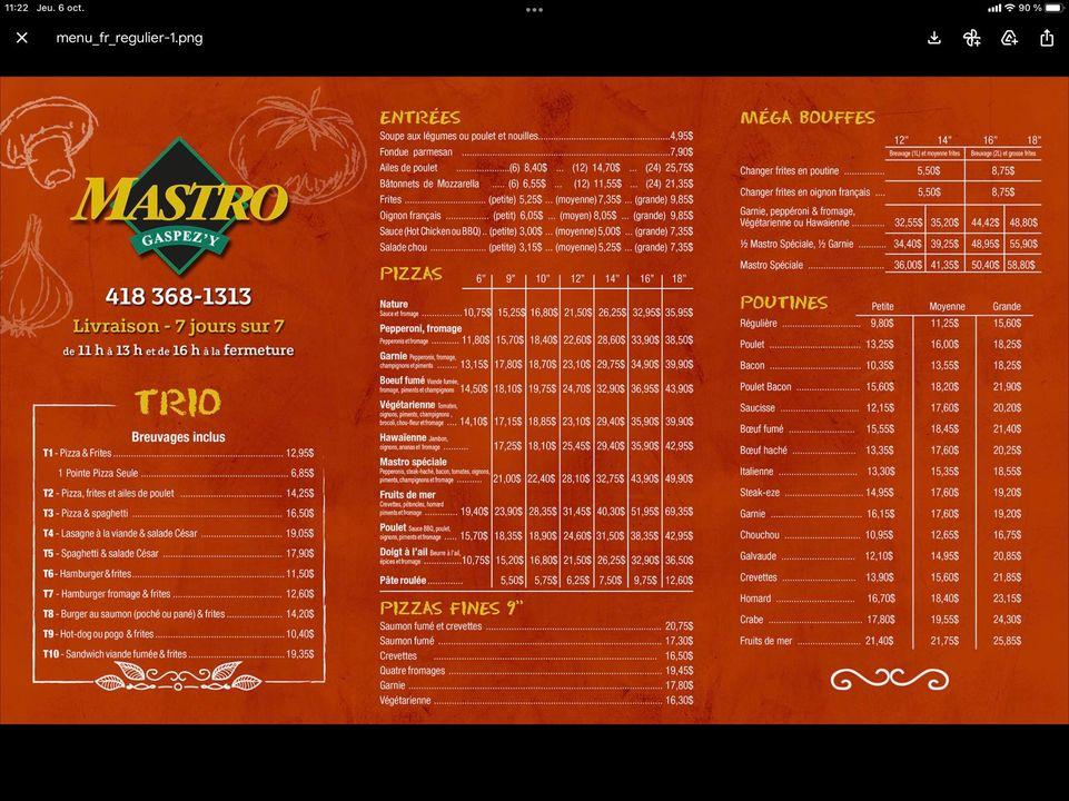 Menu at Mastro Pizzeria, Gaspé