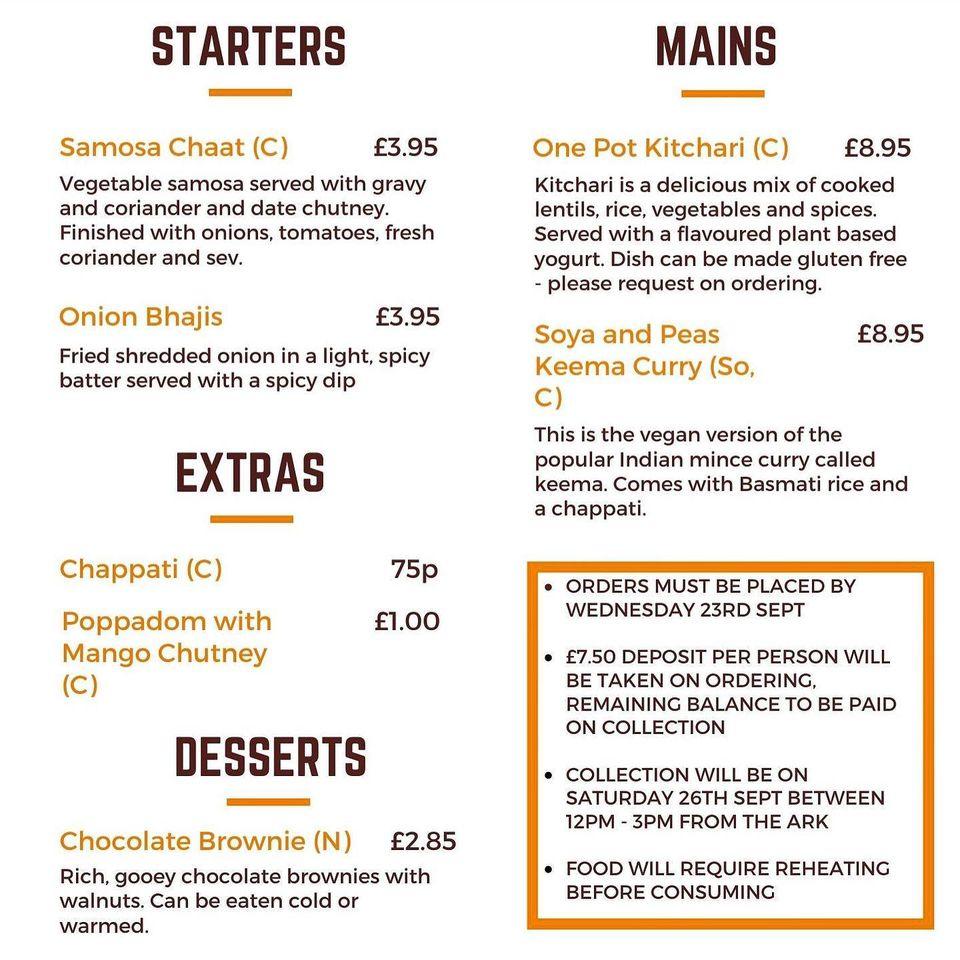 Menu at The Ark cafe, Northampton