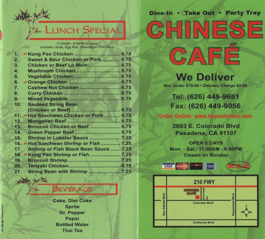 Menu at Chinese Café restaurant, Pasadena