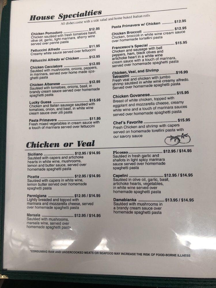 Menu at Francesco's pizzeria, Claremore