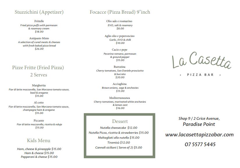 Menu at La Casetta Pizza Bar, Paradise Point