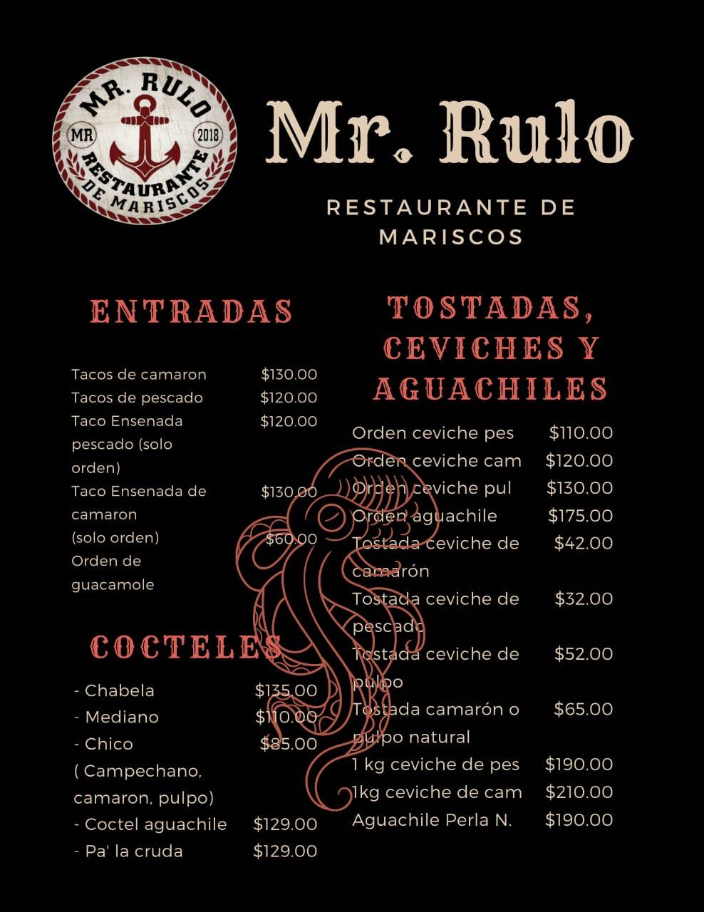 Menu at Mariscos Mr Rulo restaurant, Aguascalientes, Jacarandas 907