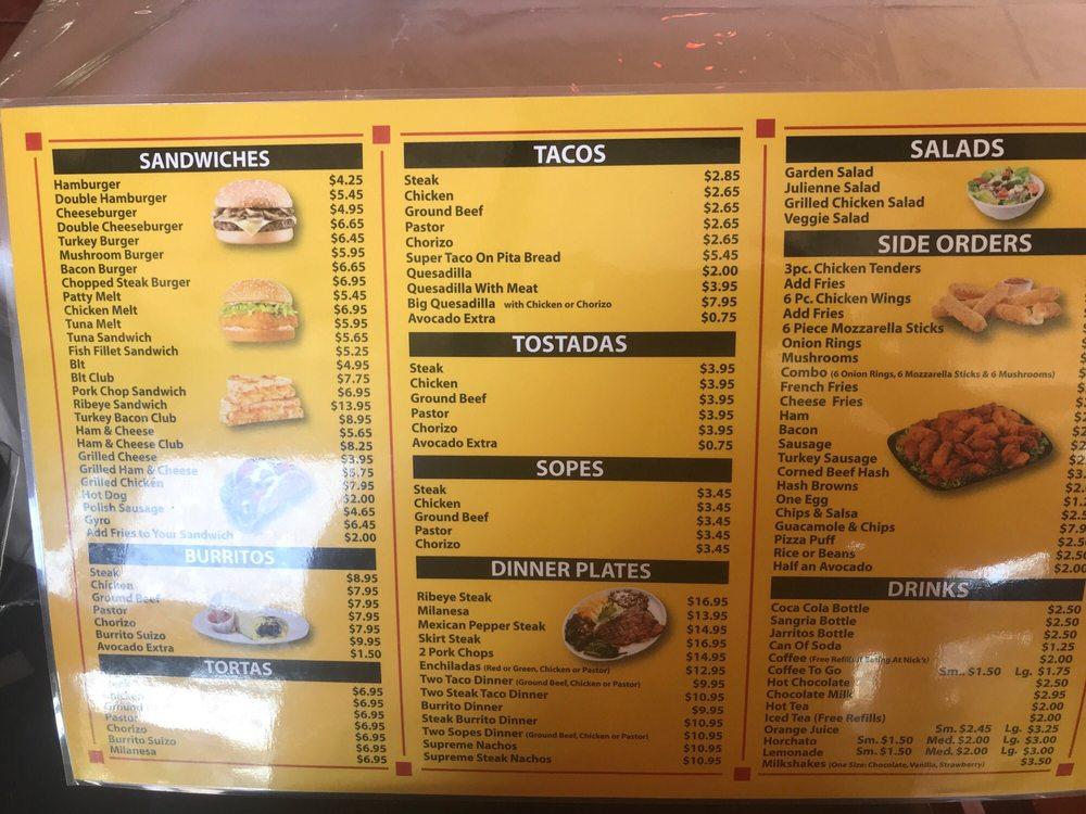 Menu at Nick Jr's Grill restaurant, Chicago