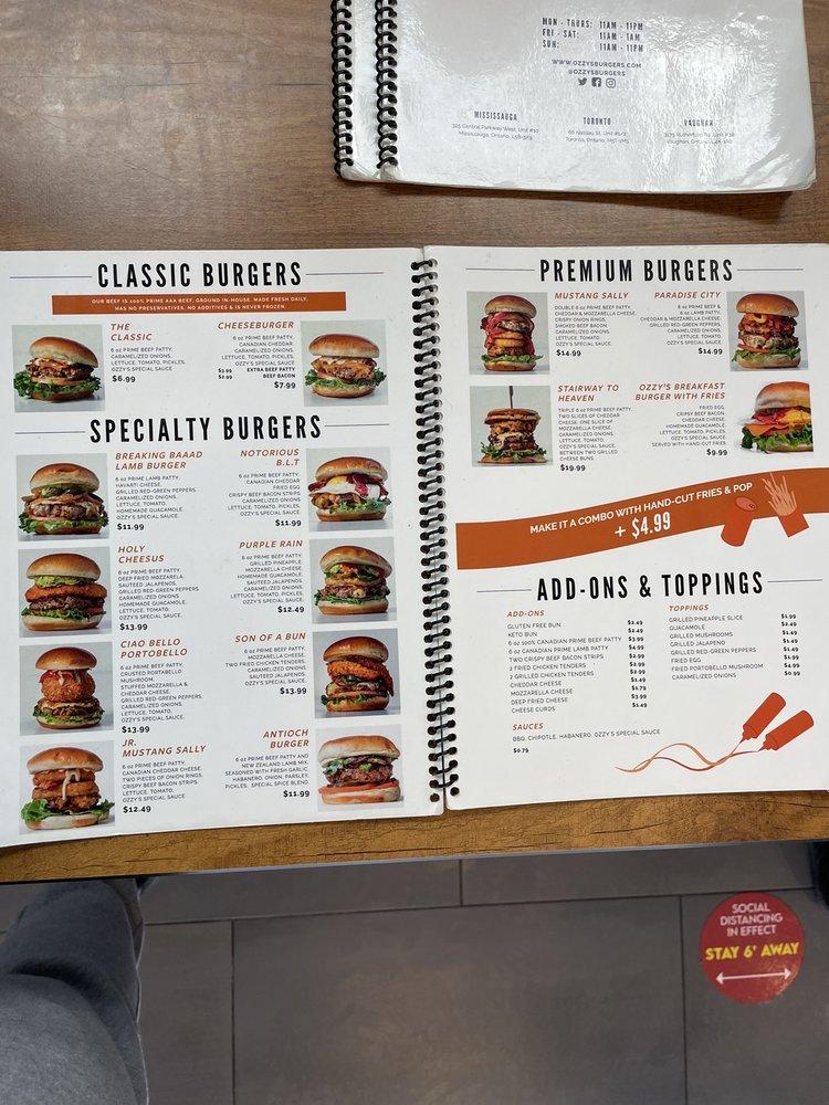 Menu at Ozzy's Burgers Mississauga fast food, Mississauga, 325 Central ...