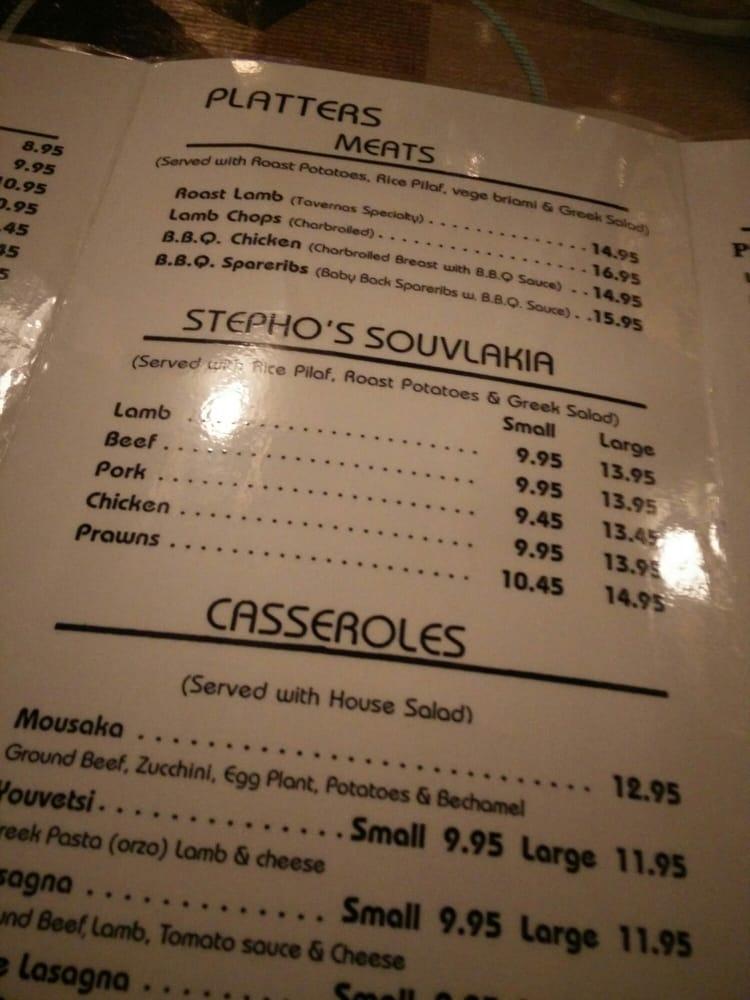 Menu at Stepho's Souvlaki Greek Taverna restaurant, Vancouver, Davie St