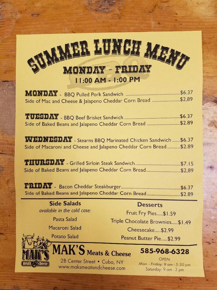 Menu at Mak's Meats & Cheese, Cuba