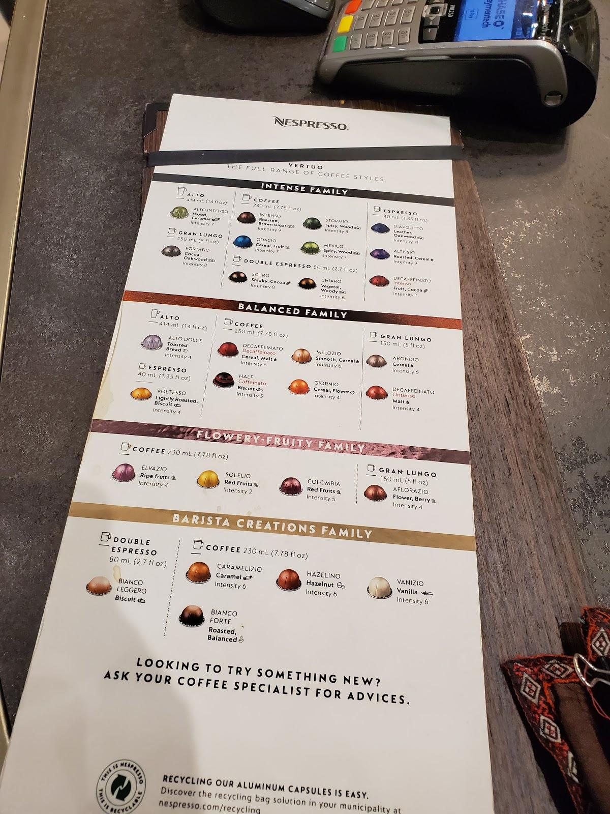 Menu at Nespresso, Burlington