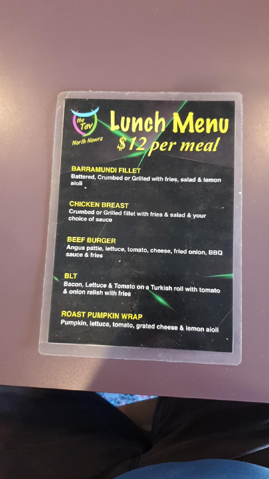 Menu at North Nowra Tavern pub & bar, North Nowra, 82 Page Ave