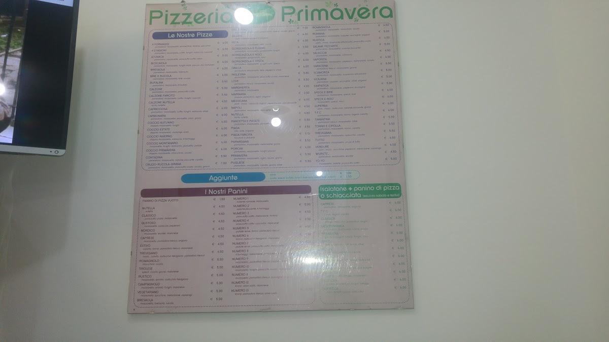 Menu at Pizzeria Primavera, Bologna