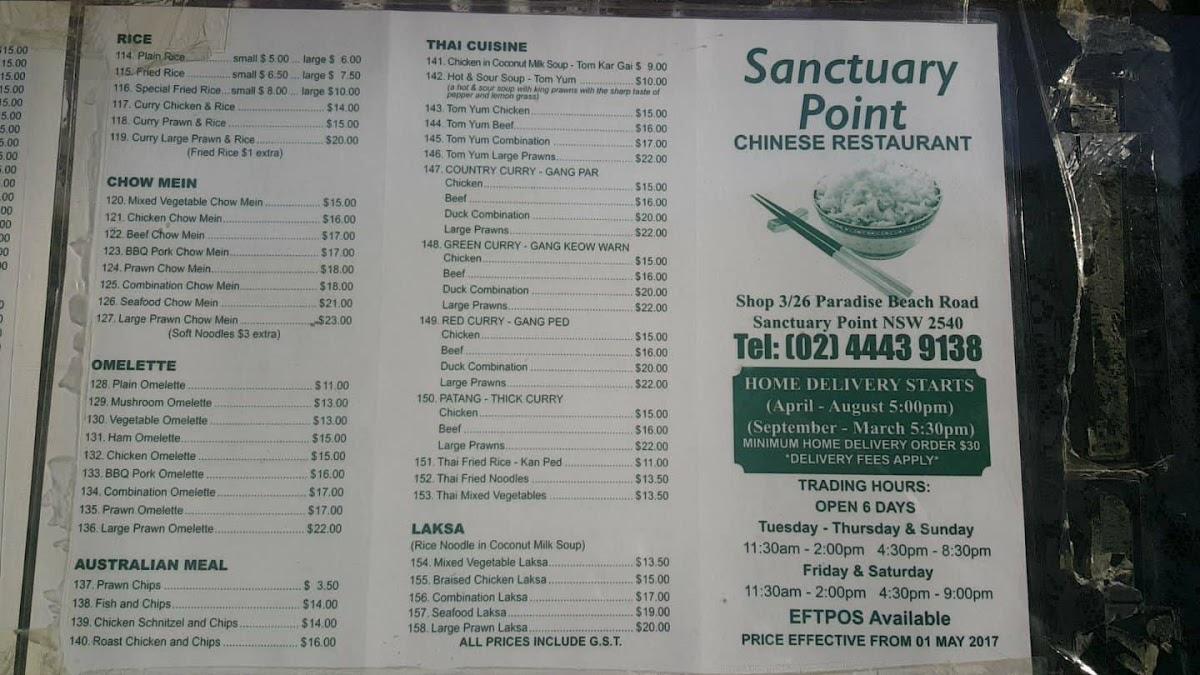 Menu at Sanctuary Point Chinese fast food, Sanctuary Point