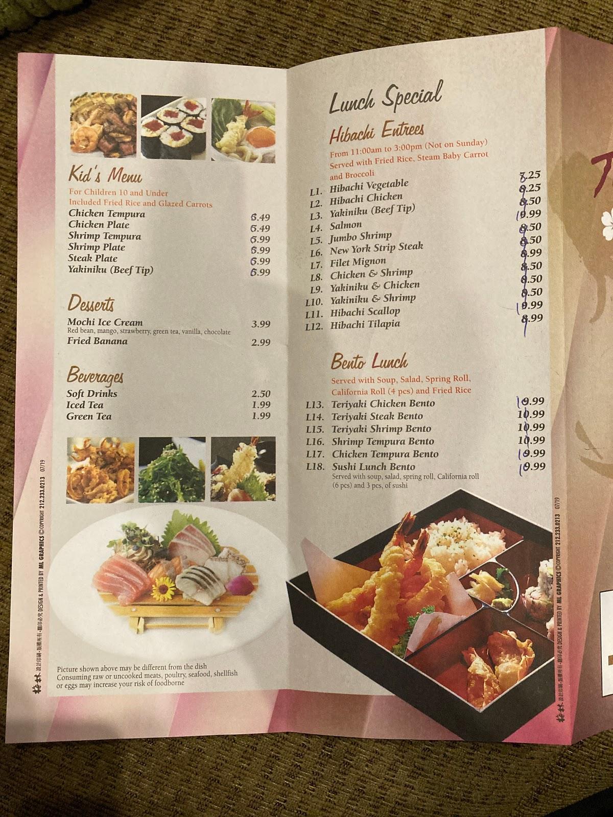 Menu at Tokyo Hibachi & Sushi restaurant, Seymour