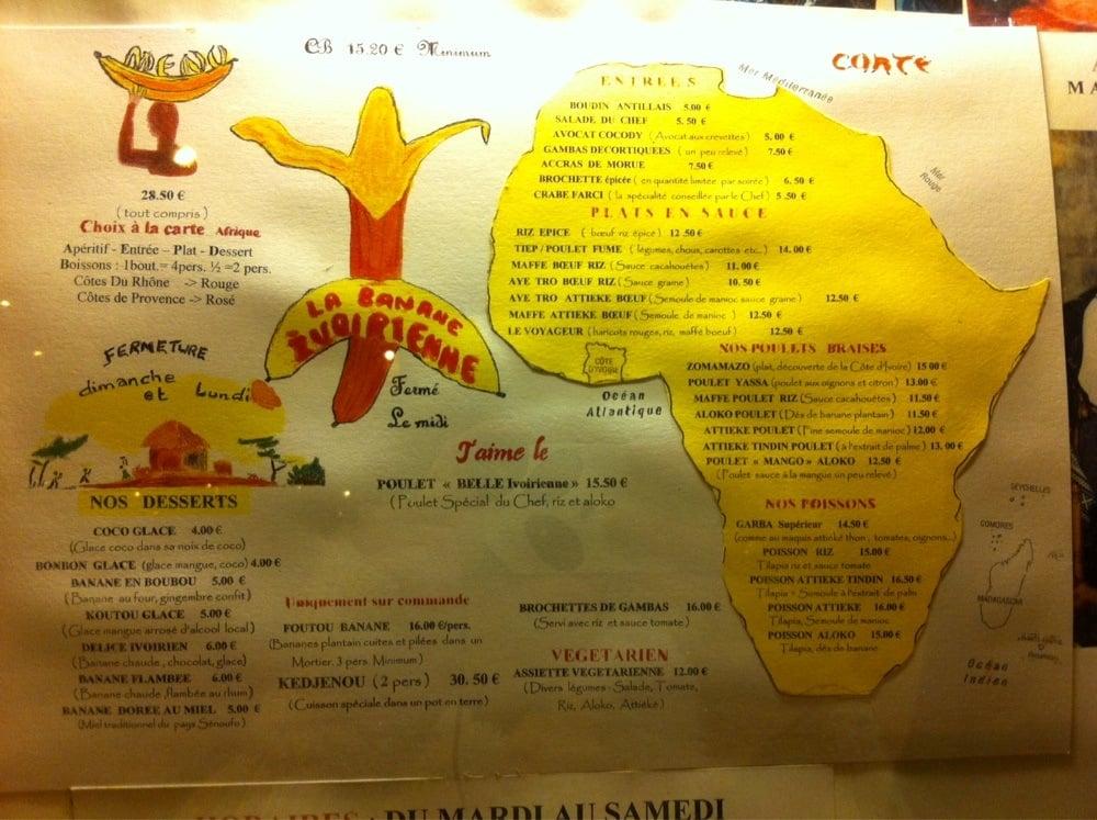 Menu at A La Banane Ivoirienne restaurant, Paris