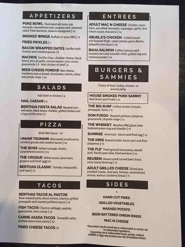 Menu at Bertha's Baja Bistro restaurant, Denver