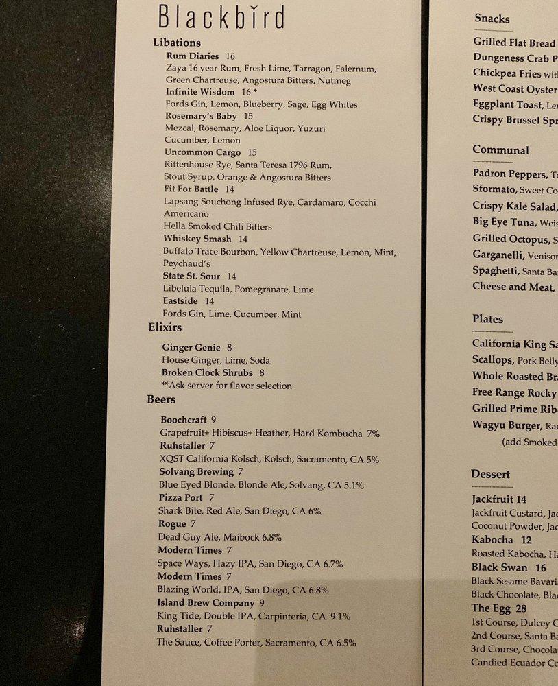 Menu at Blackbird pub & bar, Santa Barbara
