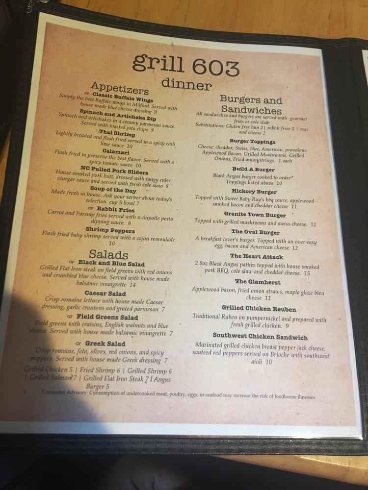 Menu at Grill 603 restaurant, Milford
