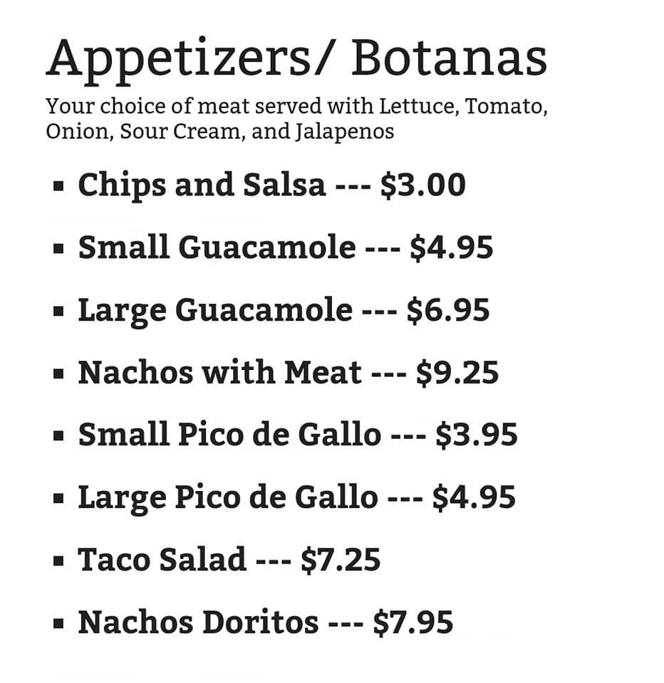 Menu at Nacho's Tacos restaurant, Richton Park
