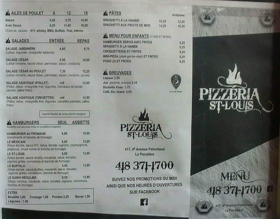 Menu au Pizzéria St-Louis restaurant, La Pocatière