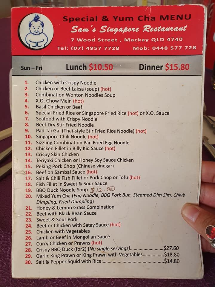 Menu at Sam's Singapore Restaurant, Mackay