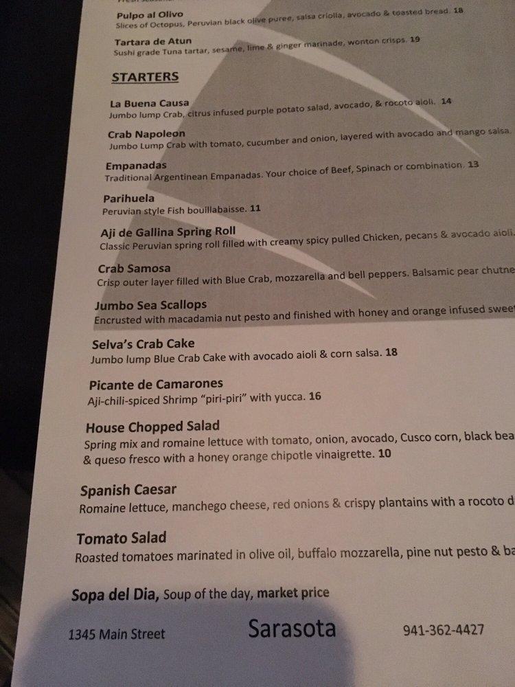 Menu at Selva Downtown Sarasota restaurant, Sarasota