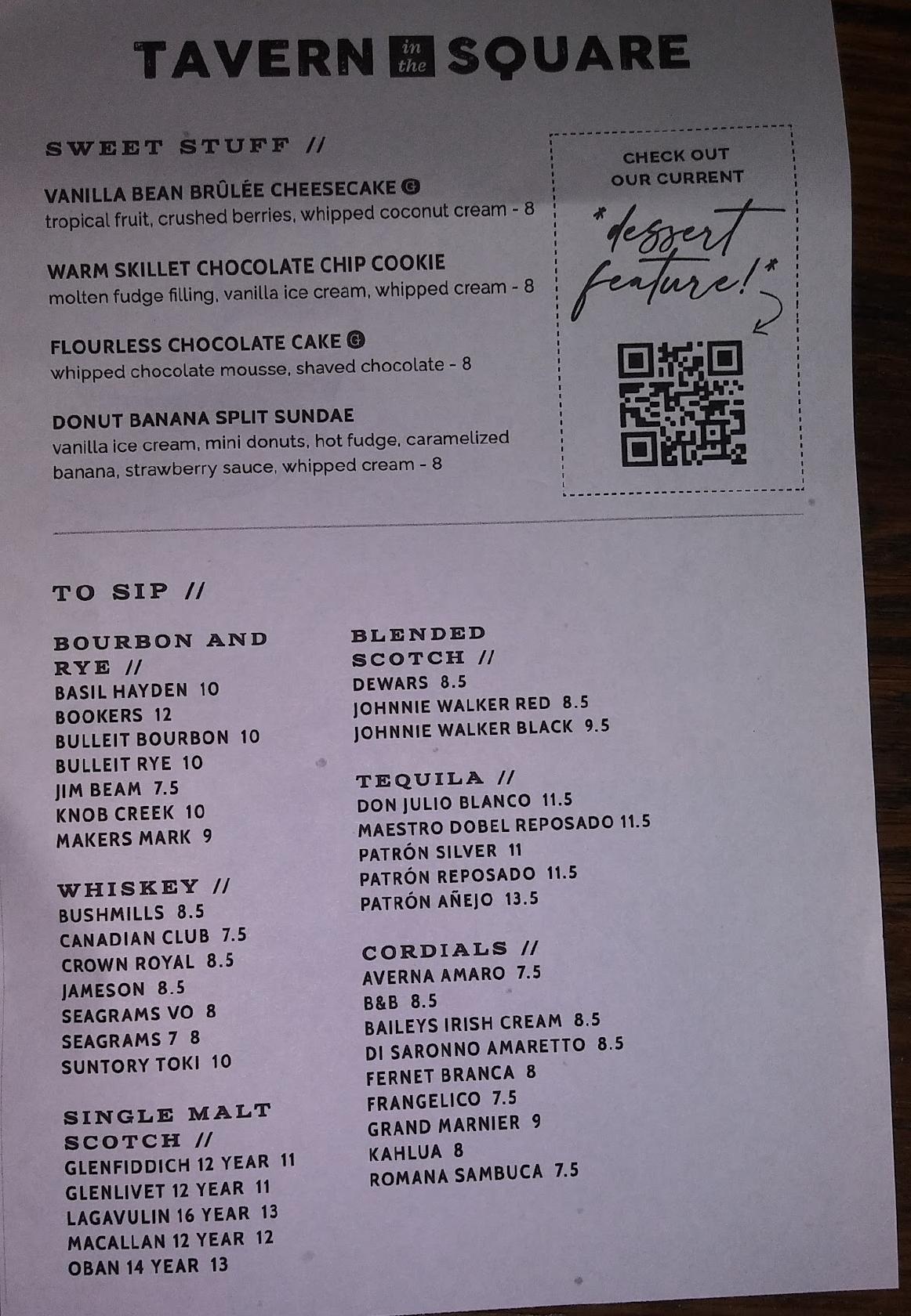 Menu at Tavern in the Square Cranston restaurant, Cranston