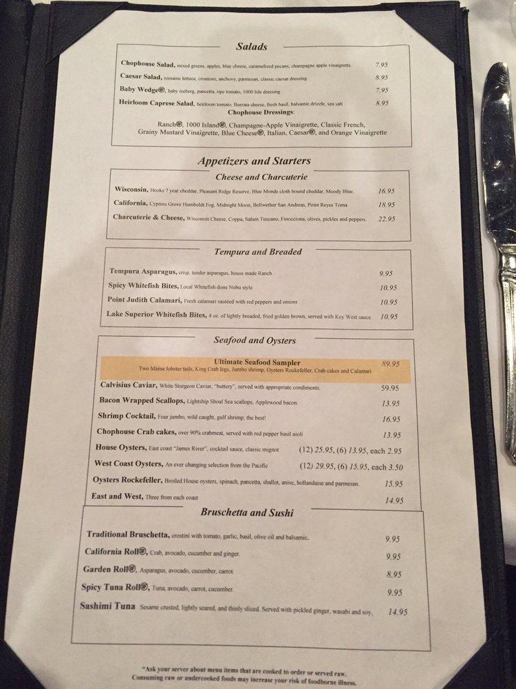 Menu at Elizabeth's Chop House steakhouse, Marquette