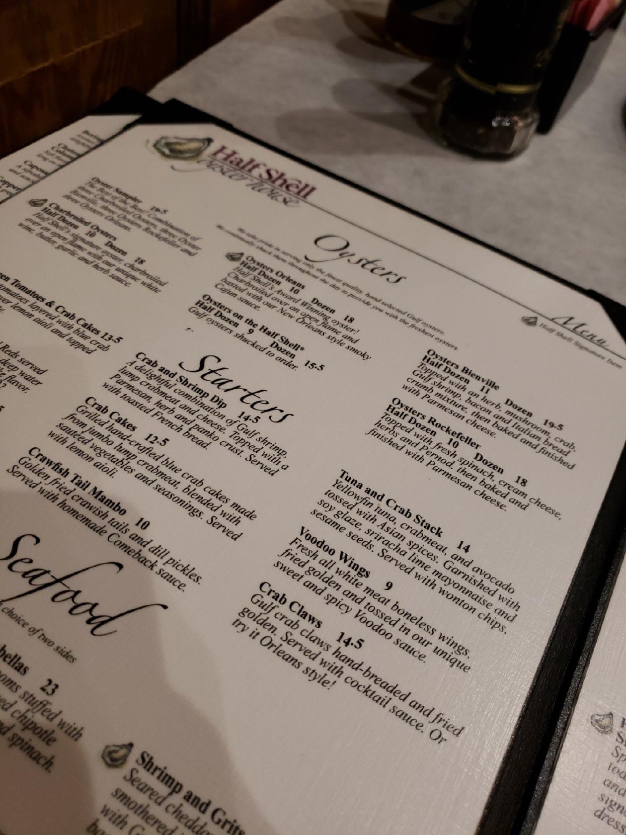 Menu at Half Shell Oyster House restaurant, Biloxi, 777 Beach Blvd