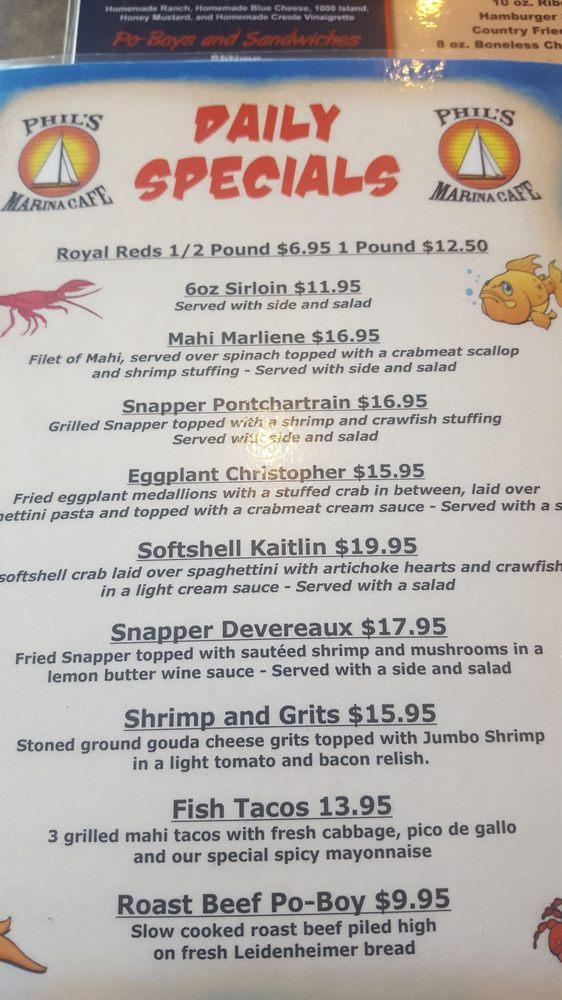 Menu at Phil's Marina Cafe, Slidell