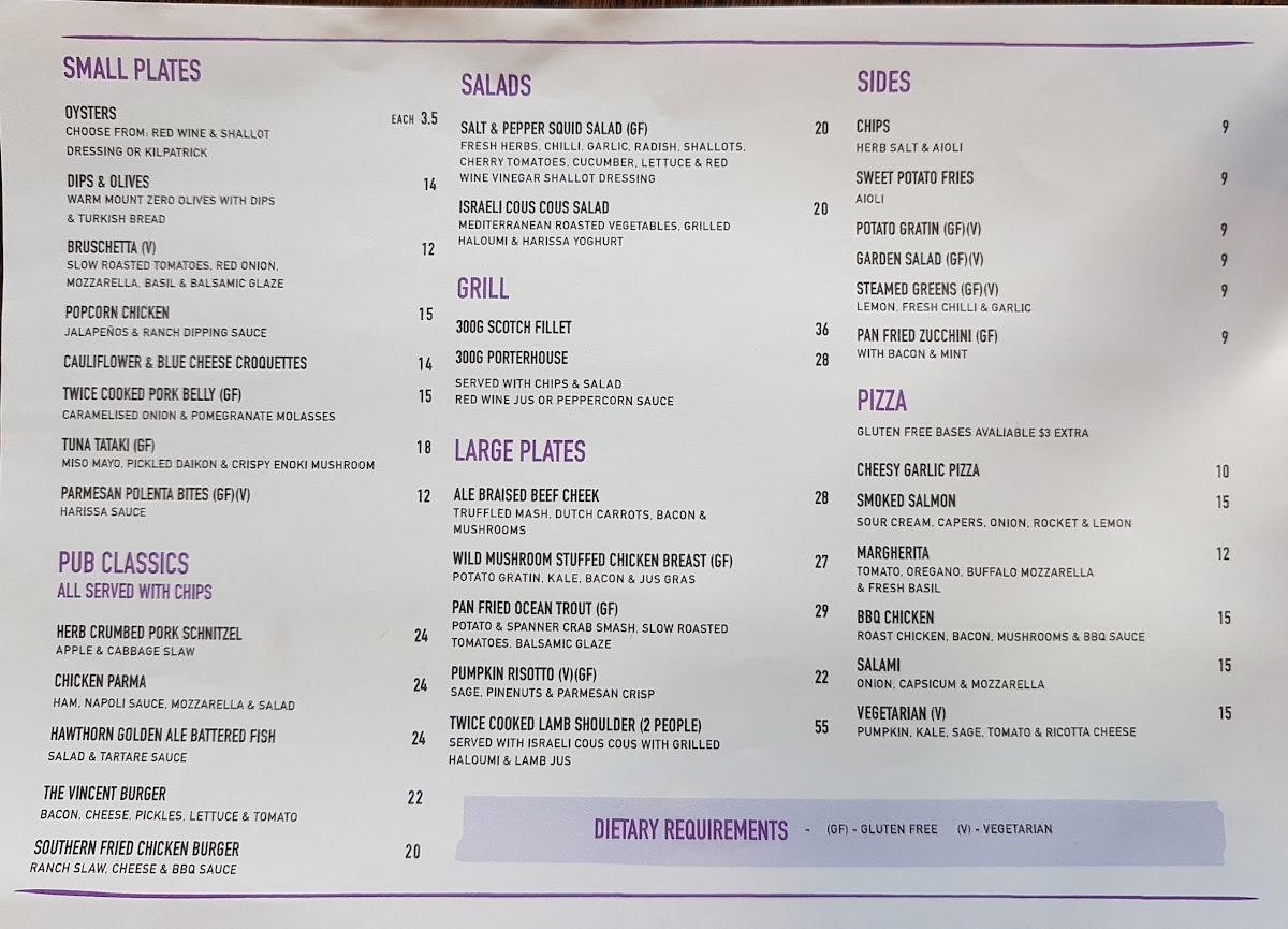 Menu at The Vincent restaurant, Albert Park