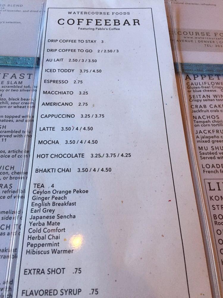Menu at Watercourse Foods restaurant, Denver, 837 E 17th Ave