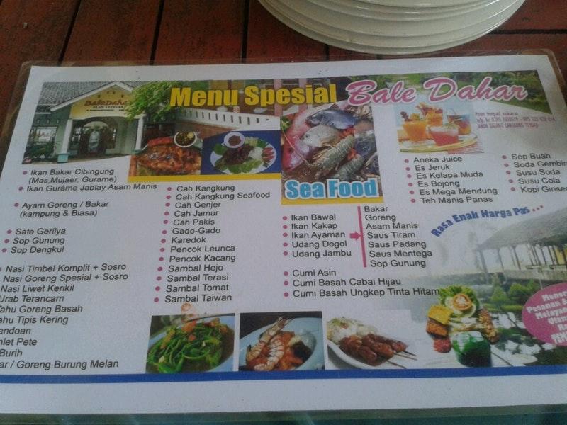 Menu at Bale Dahar restaurant, Banjar