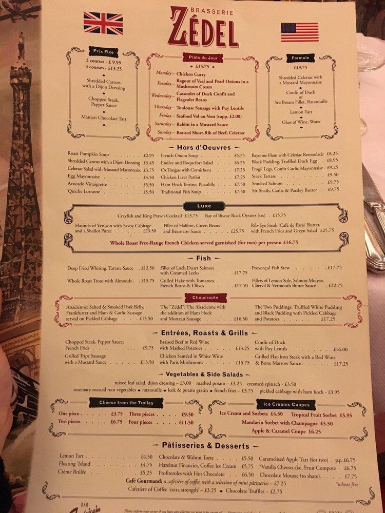 Menu at Brasserie Zédel pub & bar, London, 20 Sherwood St