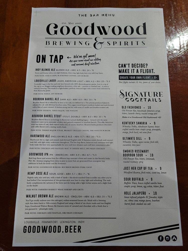 Menu at Goodwood Indy restaurant, Indianapolis