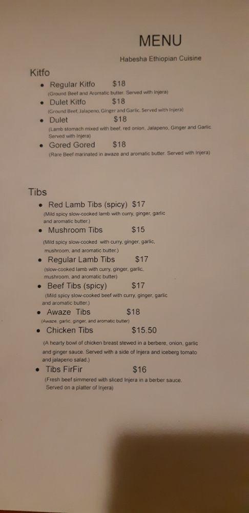 Menu at HABESHA RESTAURANT, Calgary