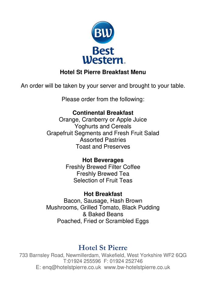 Menu at Hotel St Pierre restaurant, Wakefield