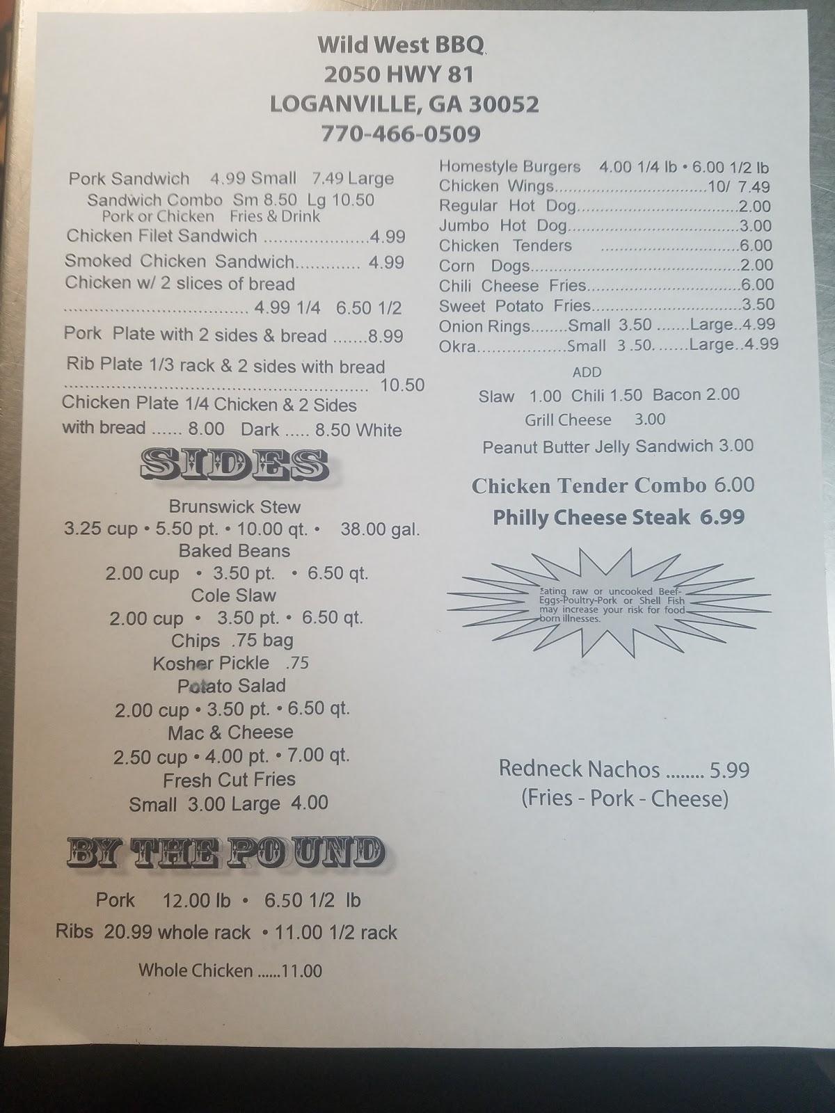 Menu at J & L Wild West Barbeque, Loganville, Hwy 81