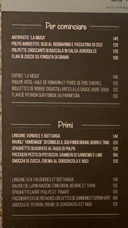 Menu at La Musa restaurant, Ventimiglia