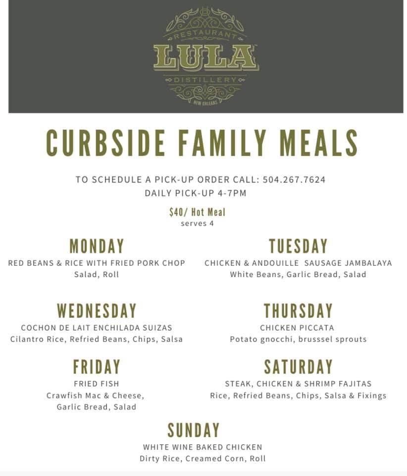 Menu at Lula Restaurant Distillery, New Orleans