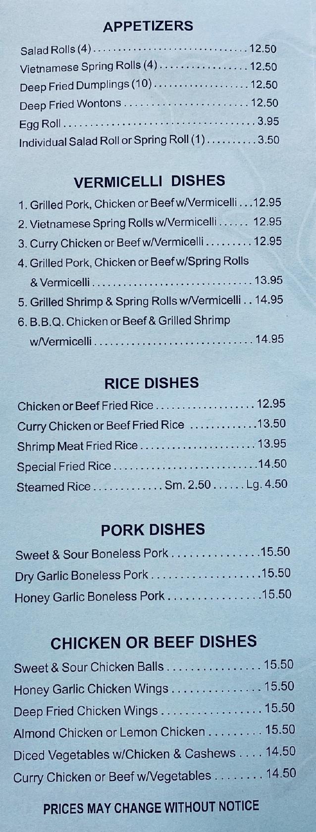 Menu at Noodle Hut restaurant, Dawson Creek