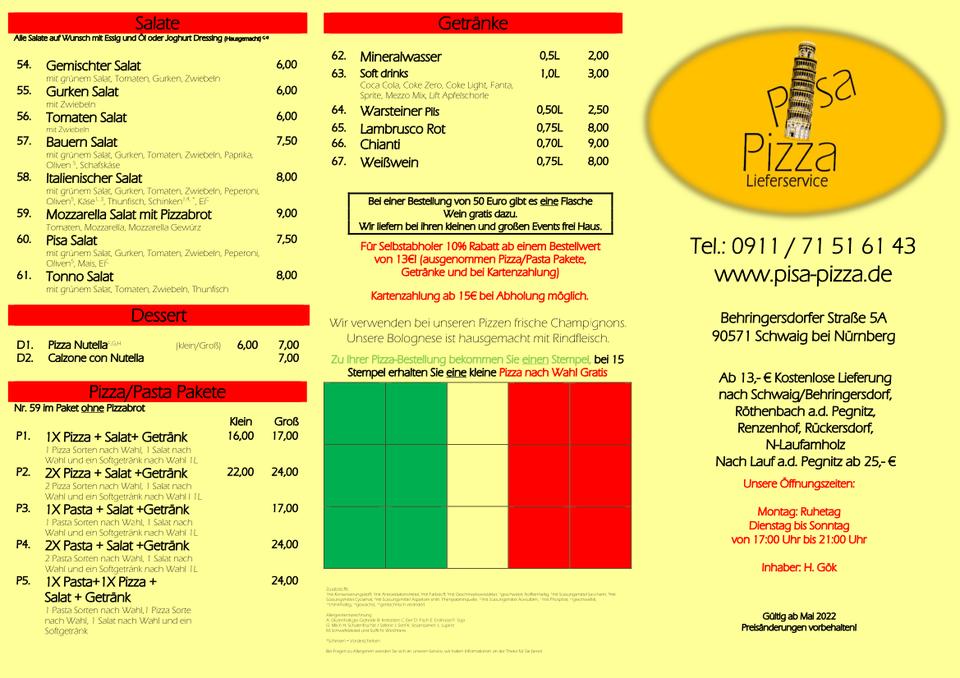 Speisekarte von Pisa Pizza, Schwaig bei Nürnberg