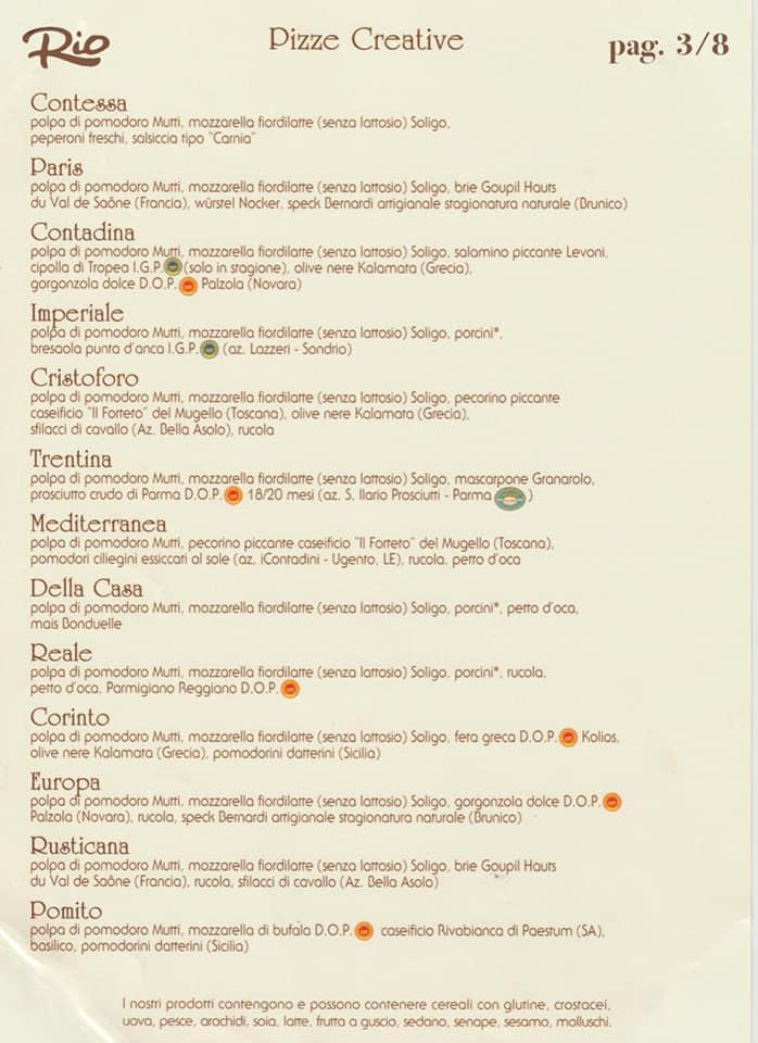Menu da Ristorante Pizzeria Rio, San Vendemiano