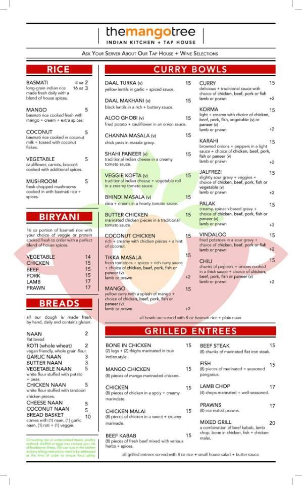 Menu at The Mango Tree restaurant, Spokane