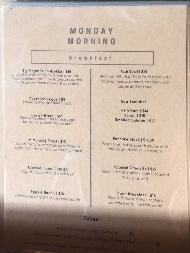 Menu at The Monday Morning Cafe, Thornleigh