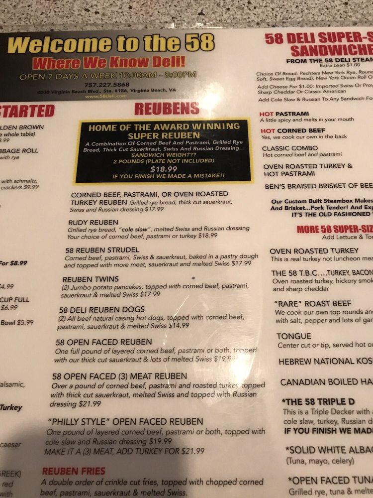 Menu at The Route 58 Deli restaurant, Virginia Beach