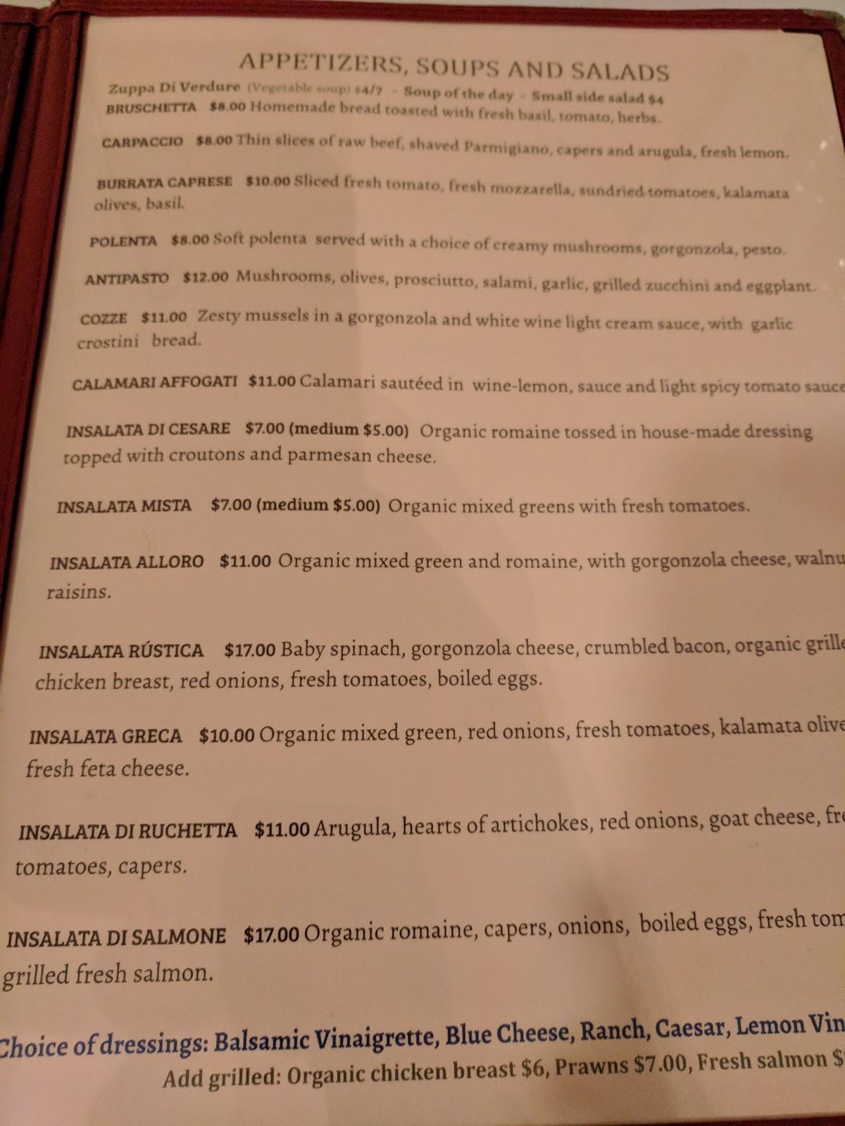 Menu at Alloro Cucina Italiana restaurant, Grass Valley